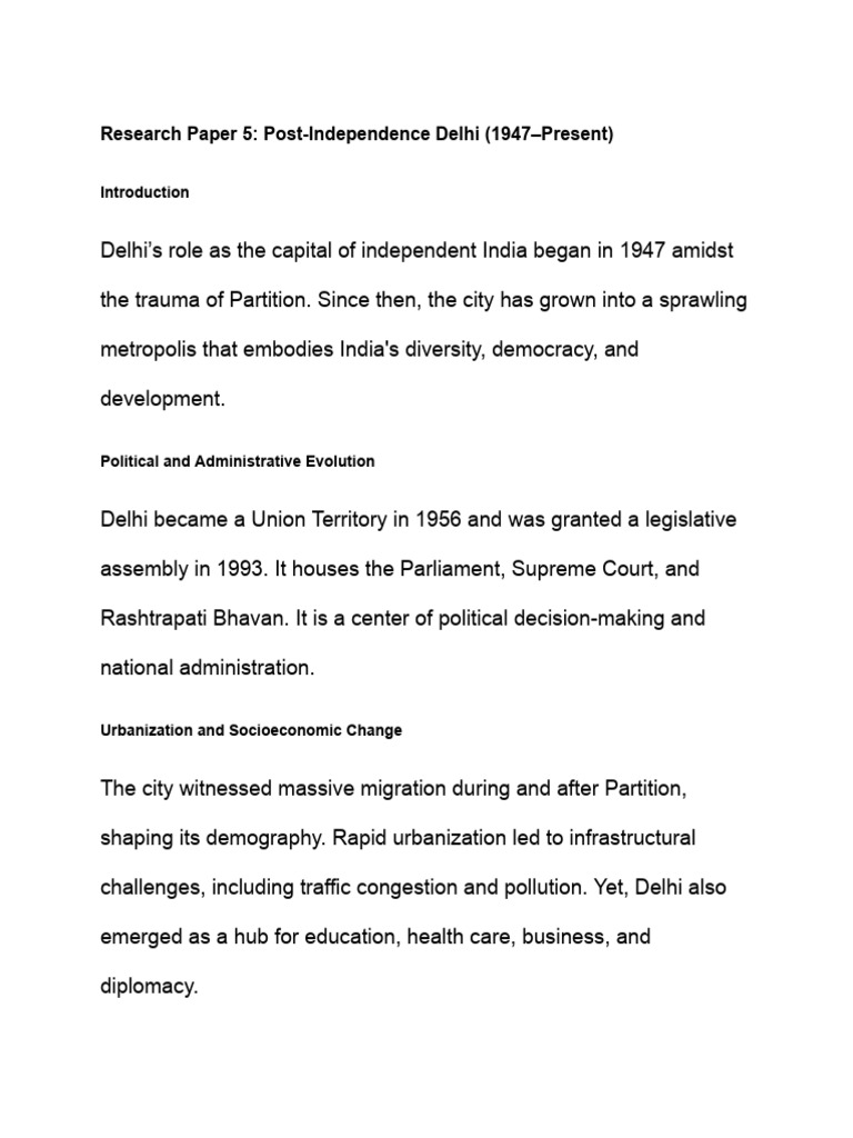 Research Paper 5: Post-Independence Delhi (1947-Present) | PDF