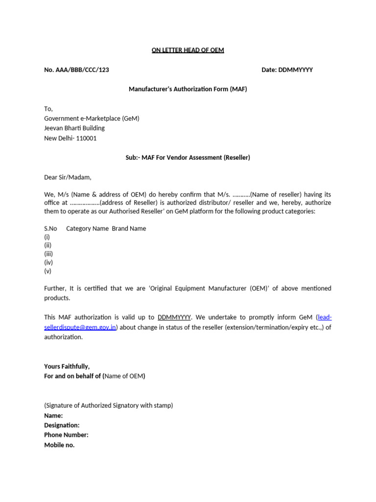 Manufacturer's Authorization Form (MAF) | PDF