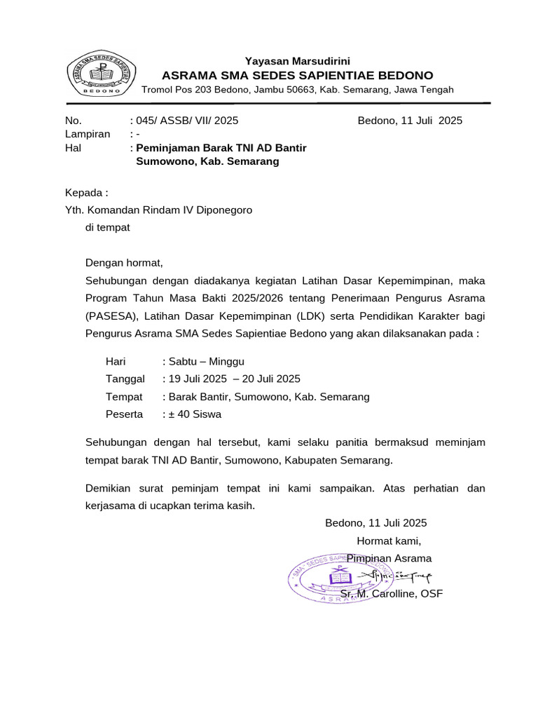 Permohonan Peminjaman Barak TNI AD | PDF