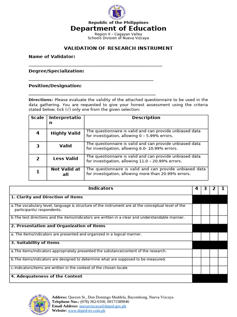 Research Instrument Validation Checklist | PDF | Questionnaire ...