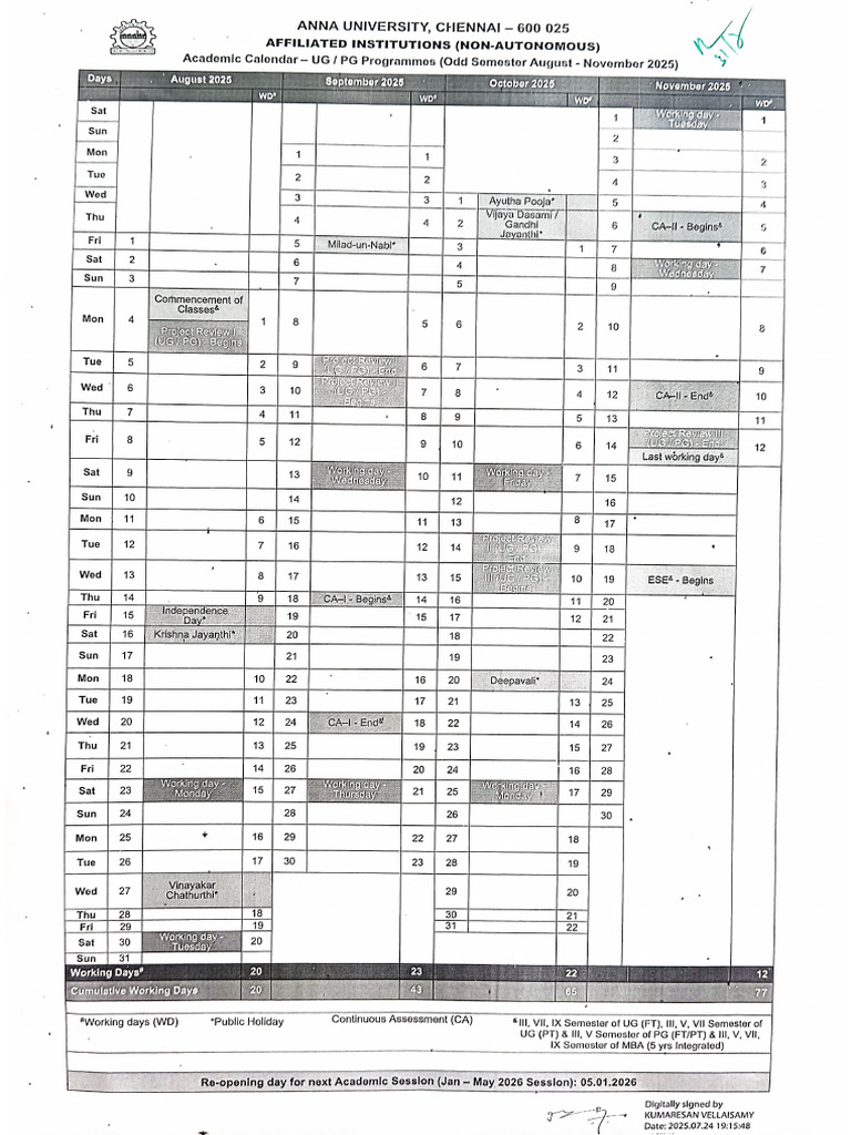 Academic Calendar - UG - PG (Except 1st Sem) | PDF