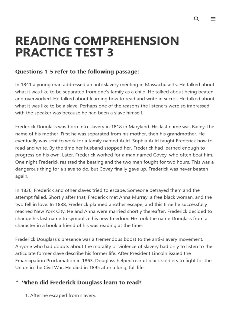 Reading Comprehension Practice Test 3 | PDF | Frederick Douglass