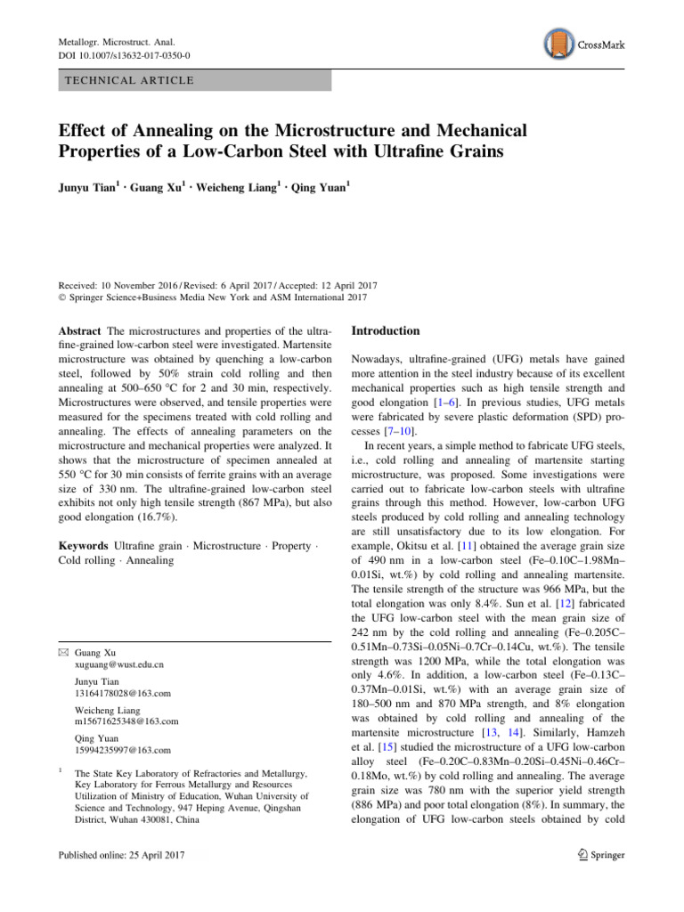 Effect of Annealing On The Microstructure and Mechanical Properties of A Low-Carbon Steel With ...