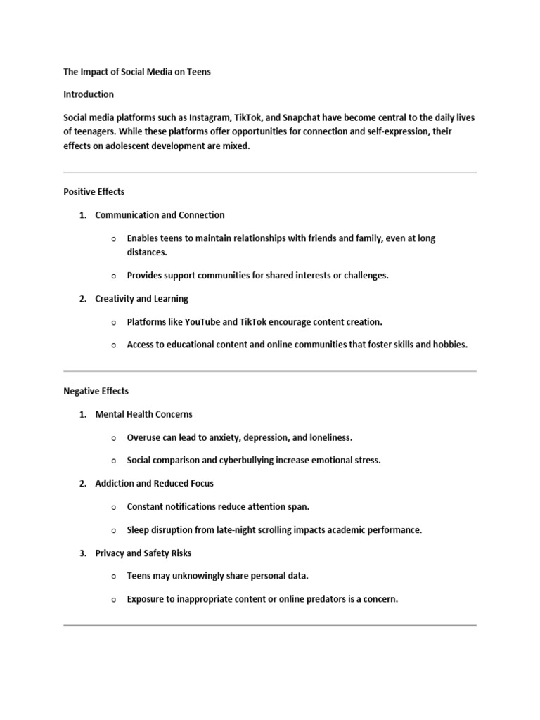 Research Summary - The Impact of Social Media On Teens | PDF