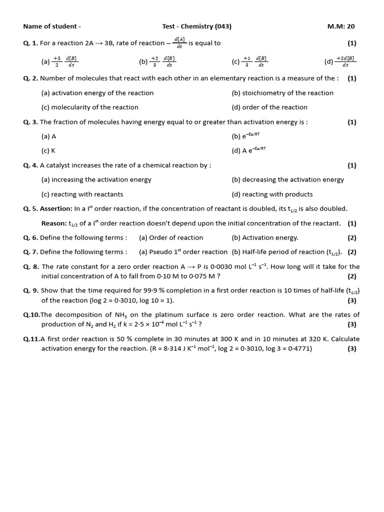 Test of Chemical Kinetics | PDF | Activation Energy | Chemical Reactions