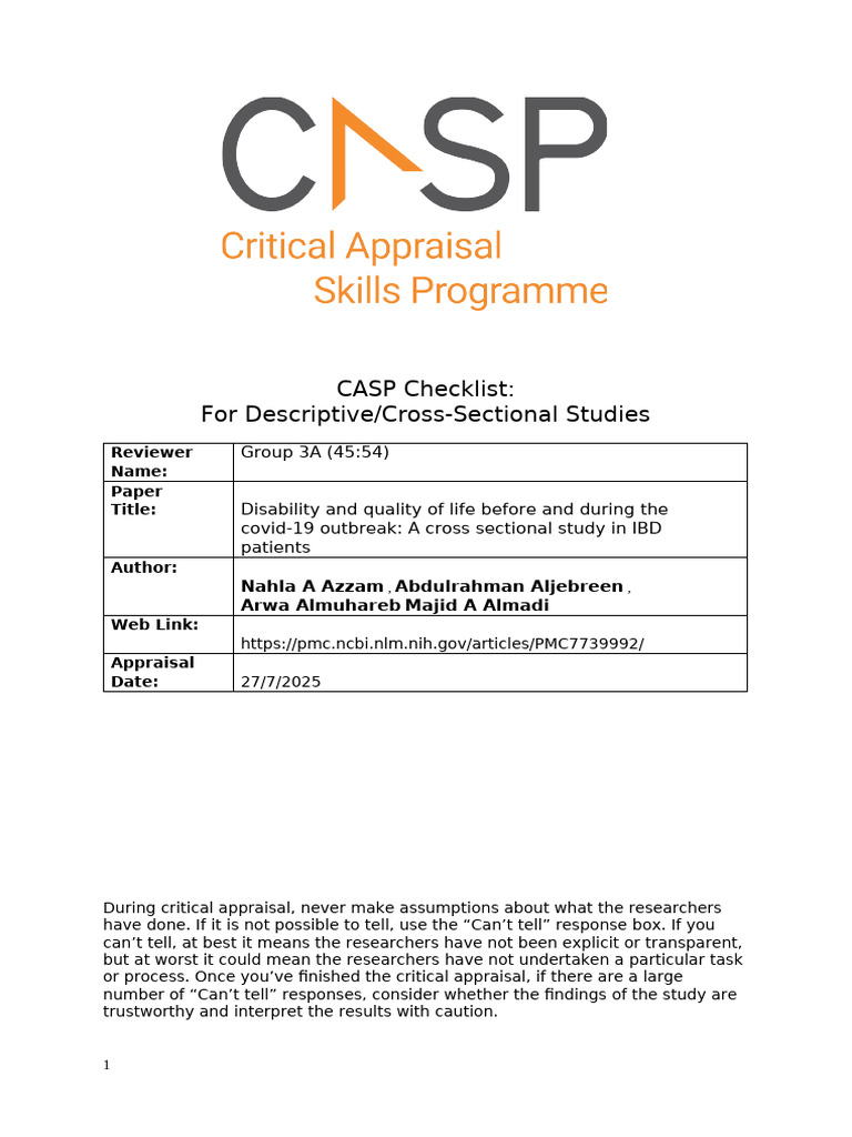 CASP Checklist for IBD Study Appraisal | PDF | Statistics | P Value