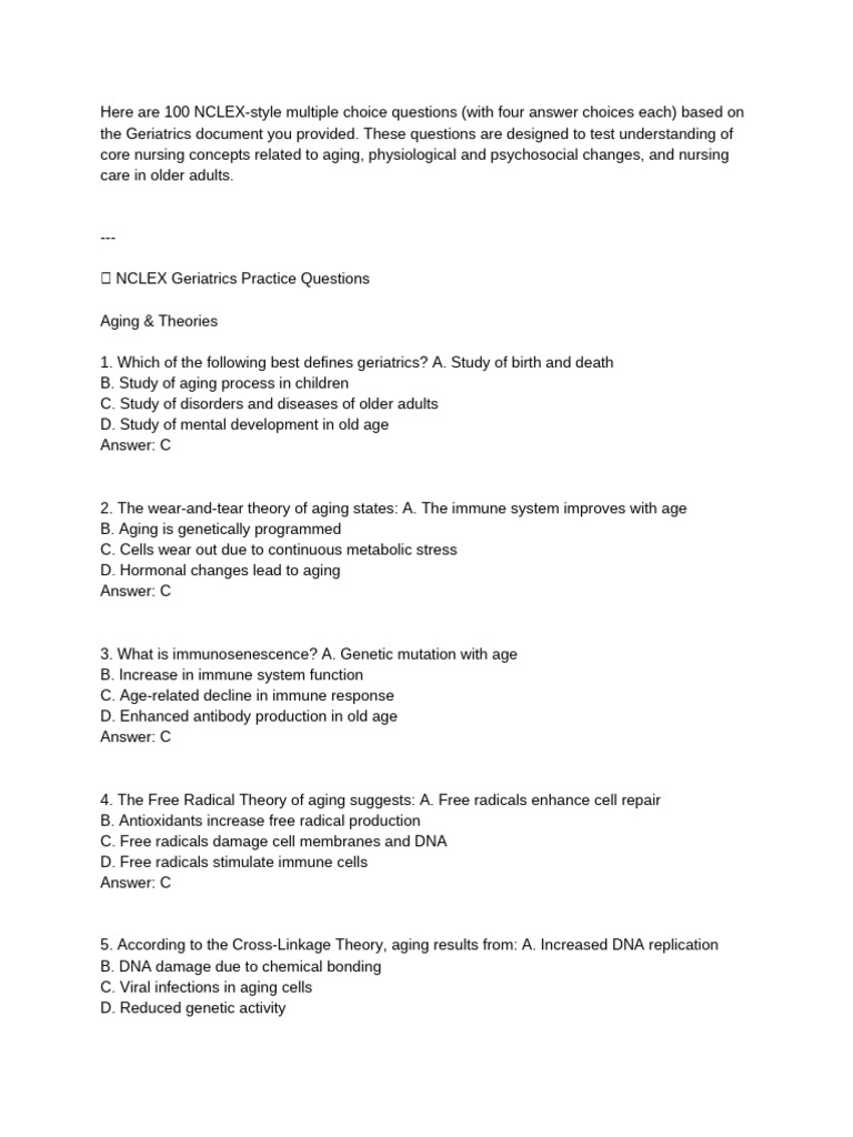 100 NCLEX Geriatrics Practice Questions | PDF | Osteoporosis | Ageing