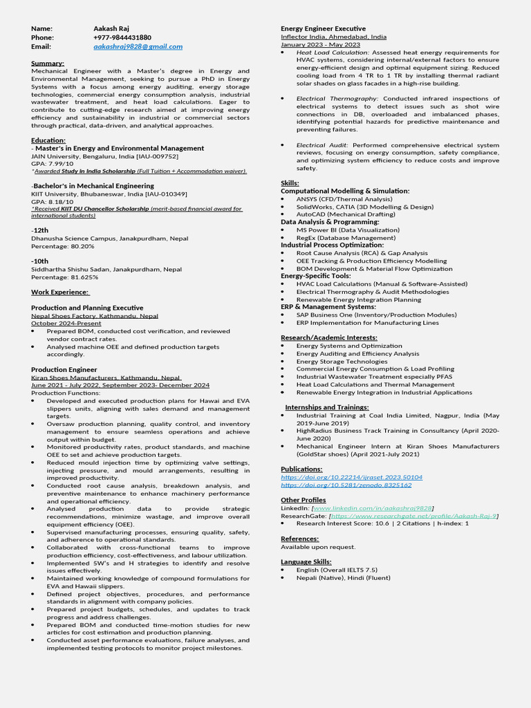 VAakash Raj Thermal Resume | PDF | Safety | Efficient Energy Use
