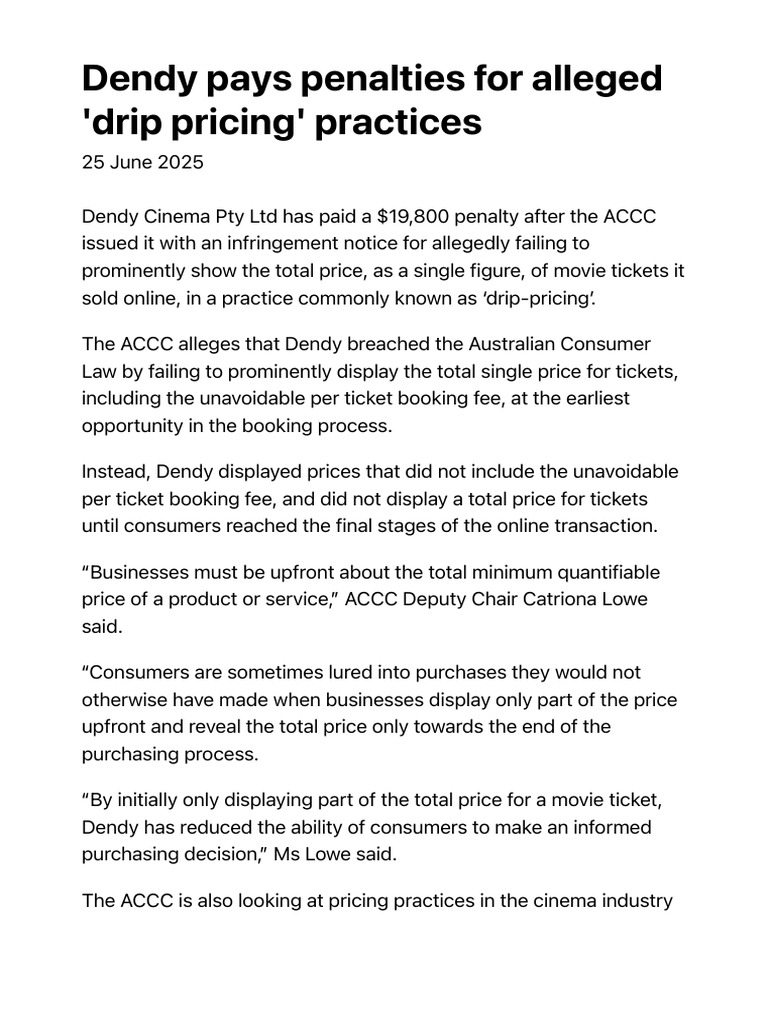 Dendy Pays Penalties For Alleged 'Drip Pricing' Practices - ACCC | PDF ...