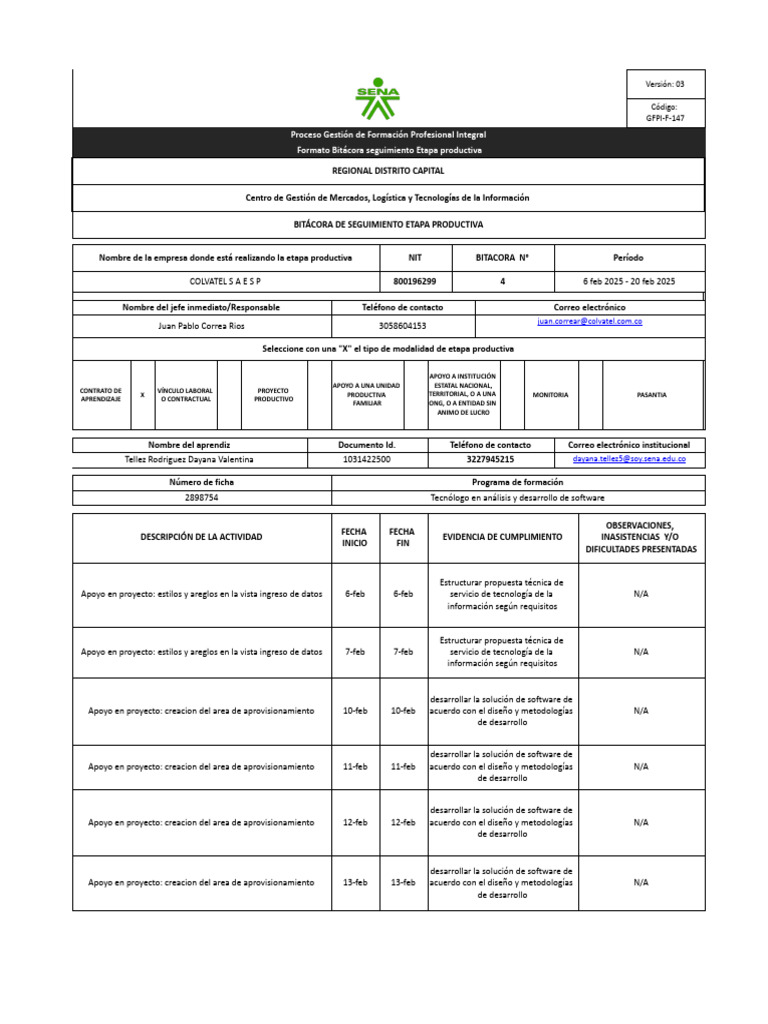 Ficha No. 2898754 - f147 - Bitacora No. 4 - Apr. Tellez Rodriguez Dayana Valentina .XLSX ...