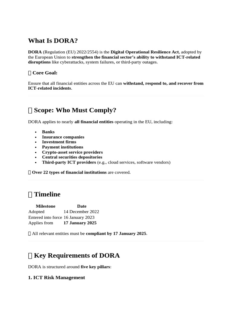 What Is DORA As of January 2025 | PDF | Regulatory Compliance | Risk ...