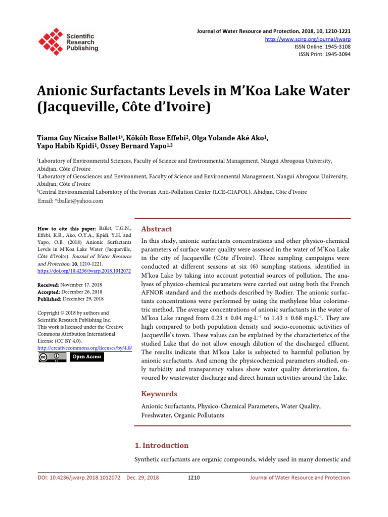 Anionic Surfactants Levels in M'Koa Lake Water | PDF | Water ...
