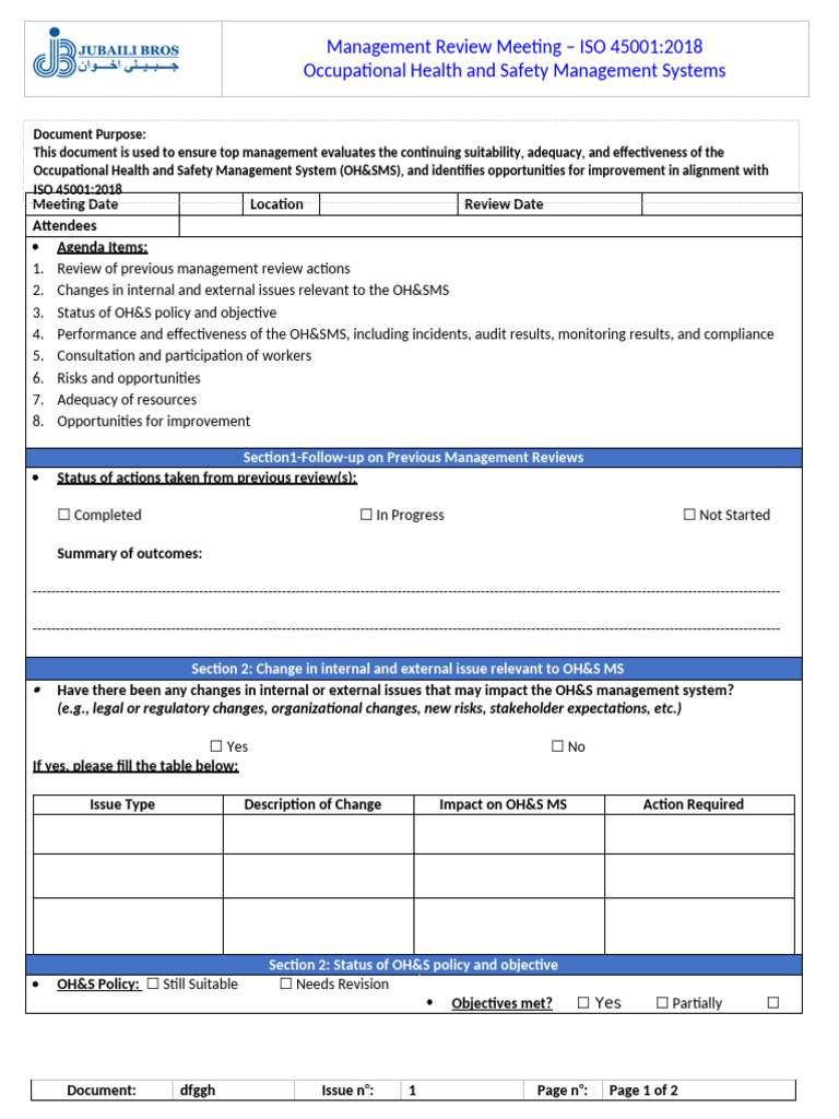 Managemenet Review Template | PDF | Occupational Safety And Health | Risk
