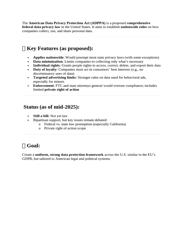 American Data Privacy Protection Act Overview | PDF
