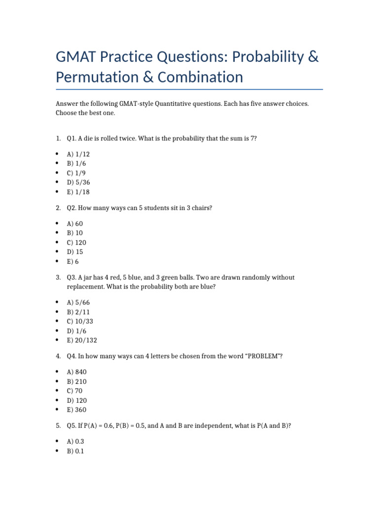 GMAT Probability & Permutation Questions | PDF