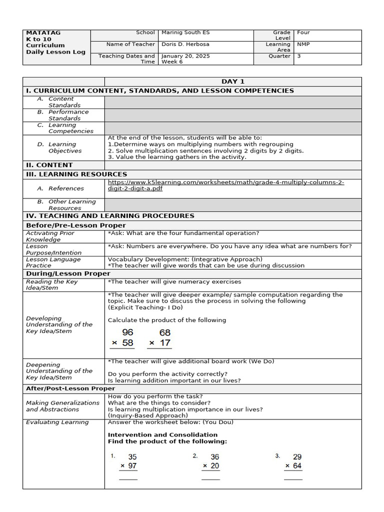 NMP GRADE 4 Q3W5 Jan 20 22 | PDF | Teachers | Curriculum
