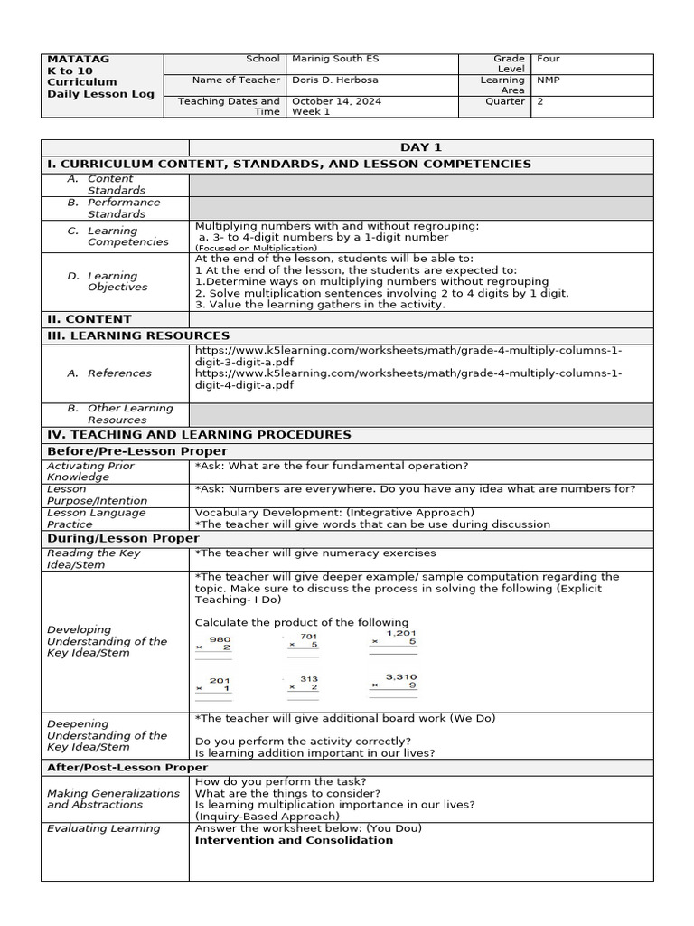 Q2W1 Lesson Plan: Multiplication Focus | PDF | Teachers | Curriculum