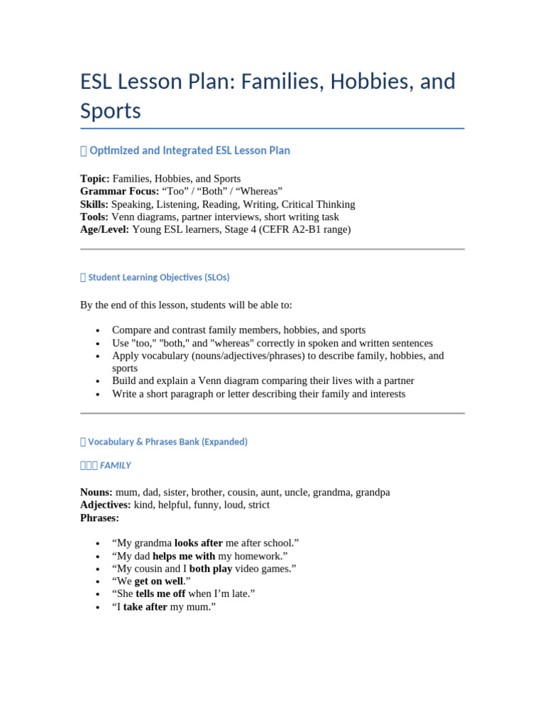 Corrected ESL Lesson Family Hobbies Sports | PDF | Adjective | English ...
