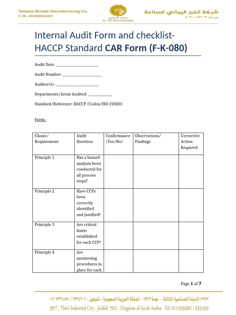 Internal Audit Form HACCP | PDF