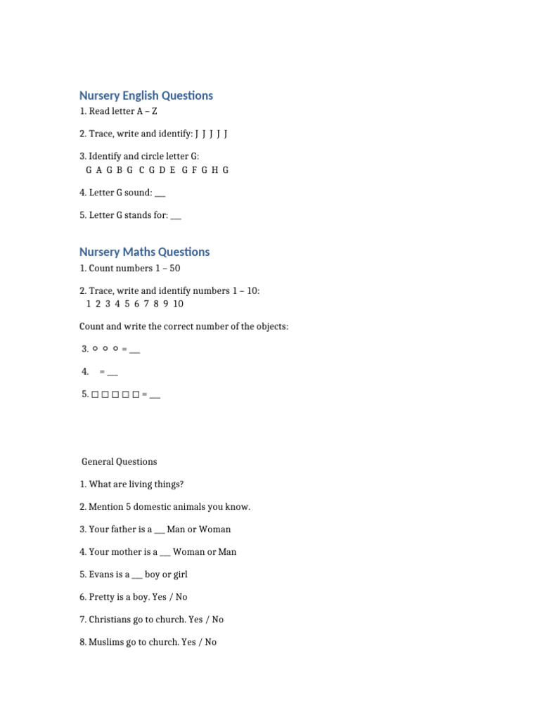 Nursery English and Maths Questions | PDF