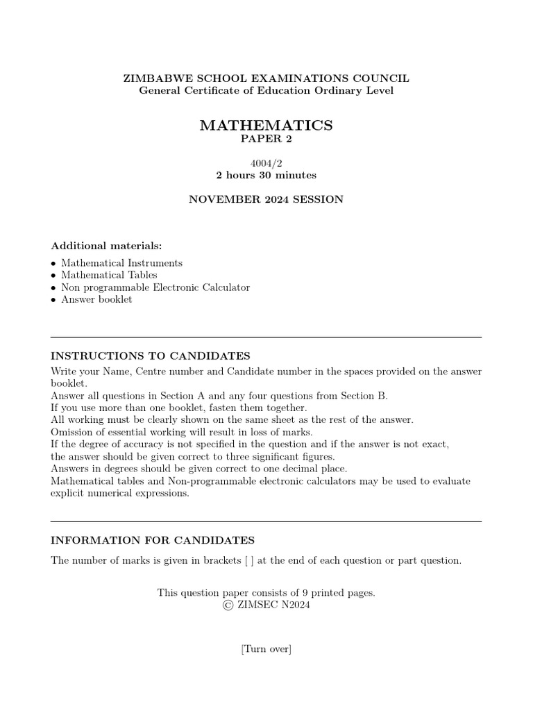 ZIMSEC O Level Maths Exam Paper 2024 | PDF | Significant Figures | Numbers