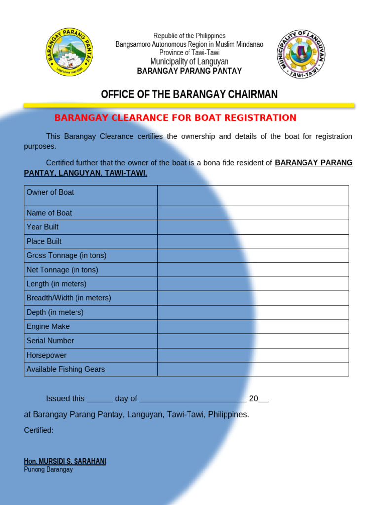 Barangay Clearance for Boat Registration | PDF