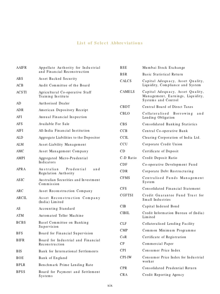 List of Select Abbreviations | PDF | Banks | Securities (Finance)