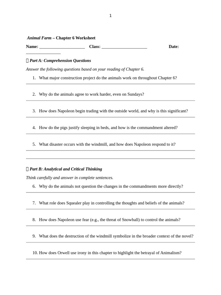 Animal Farm Chapter Worksheets and Analysis | PDF