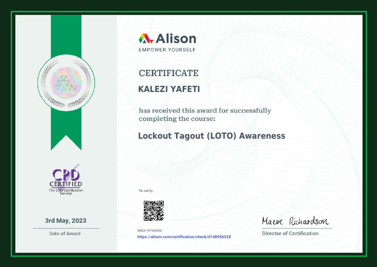Kalezi - Certificate in Lockout Tagout (LOTO) Awareness | PDF