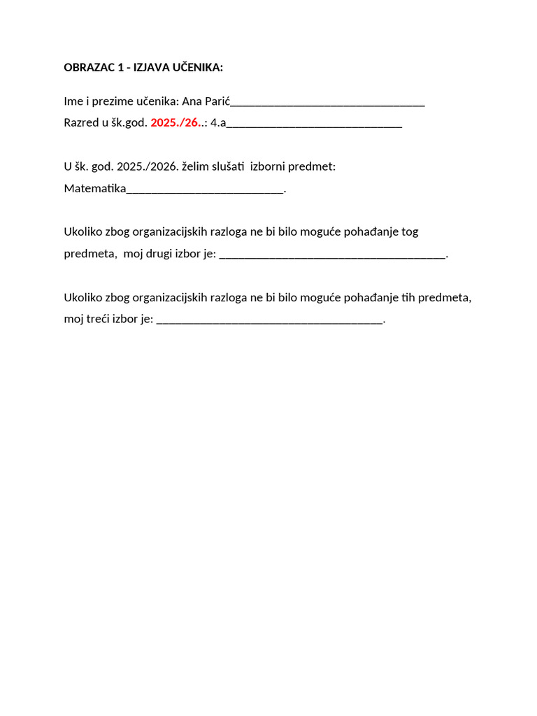 OBRAZAC 1 Izjava Ucenika 2 2 | PDF