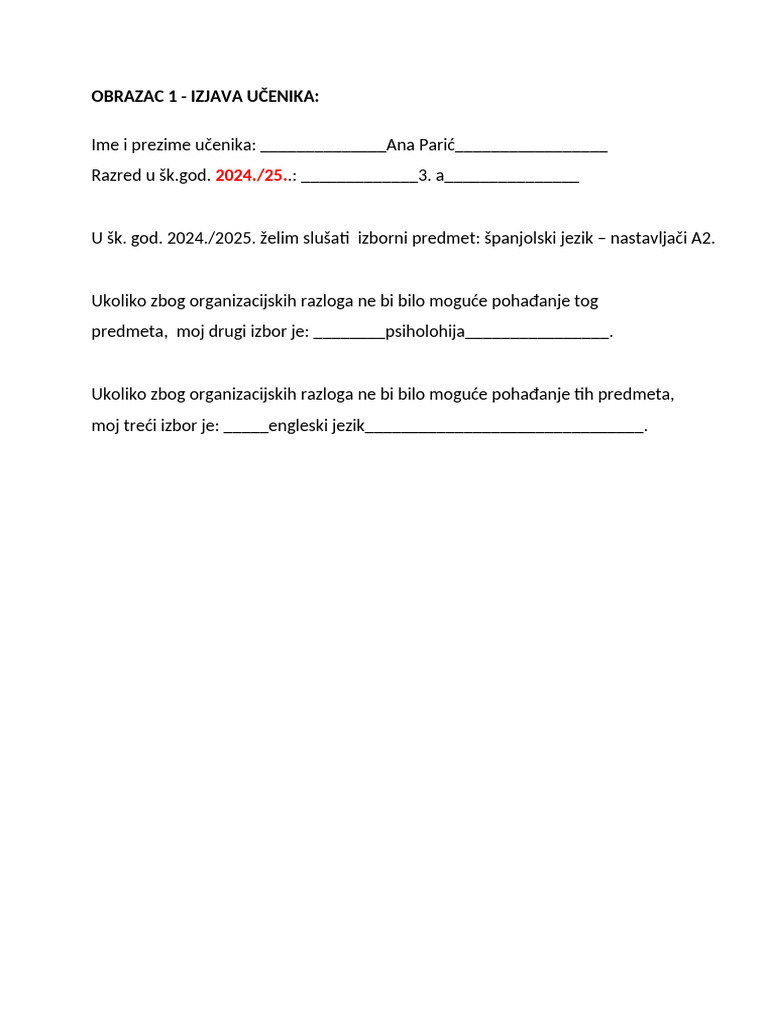 Kopija Datoteke OBRAZAC 1 Izjava Ucenika 2 | PDF