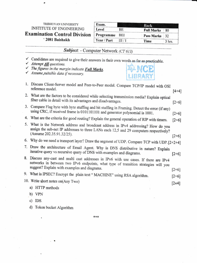 Computer Networks Past Questions BEI | PDF | I Pv6 | Computer Network