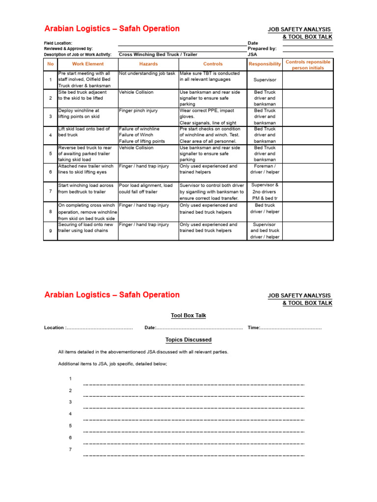 JSA - Cross Winching Bed Truck & Trailer JSA & TBT | PDF | Truck ...