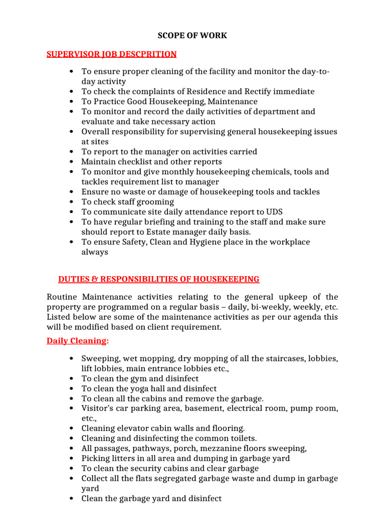 Housekeeping Supervisor Job Description | PDF | Housekeeping | Hygiene