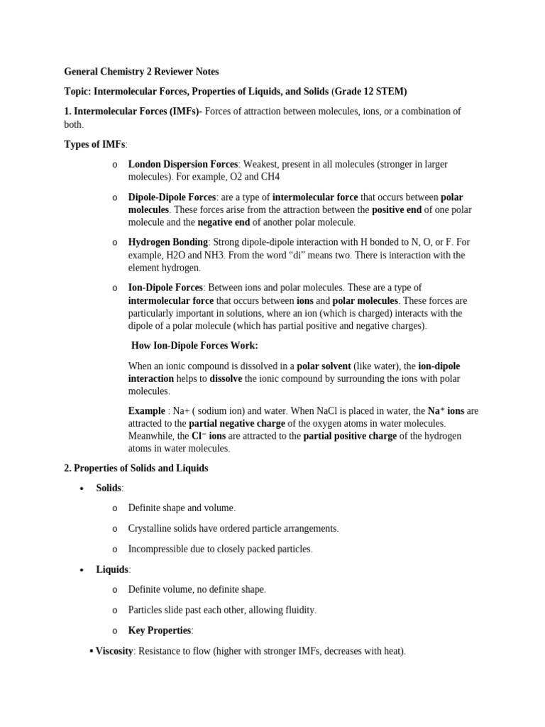 General Chemistry 2 Reviewer Notes | PDF | Intermolecular Force ...