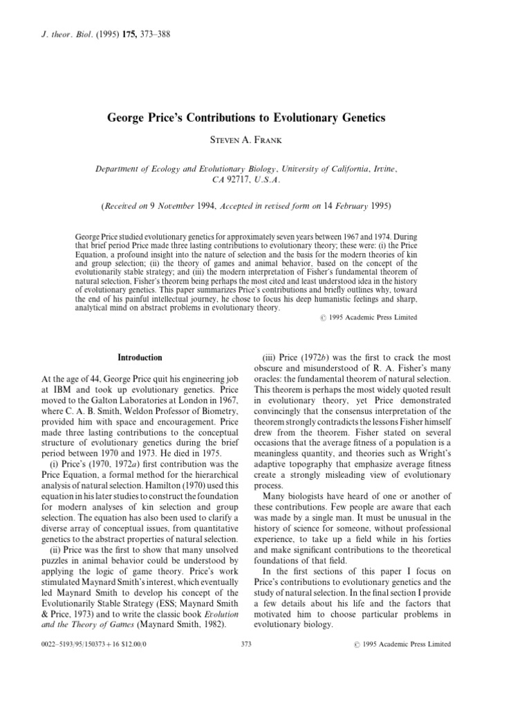 George Price's Contributions To Evolutionary Genetics | PDF | Natural ...