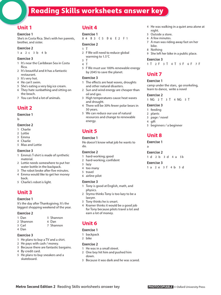 Metro 2 Reading Skills Answer Key | PDF