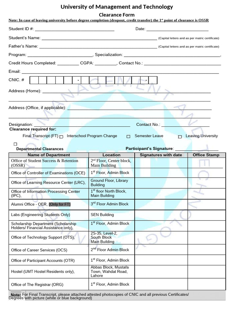 University Clearance Form Instructions | PDF