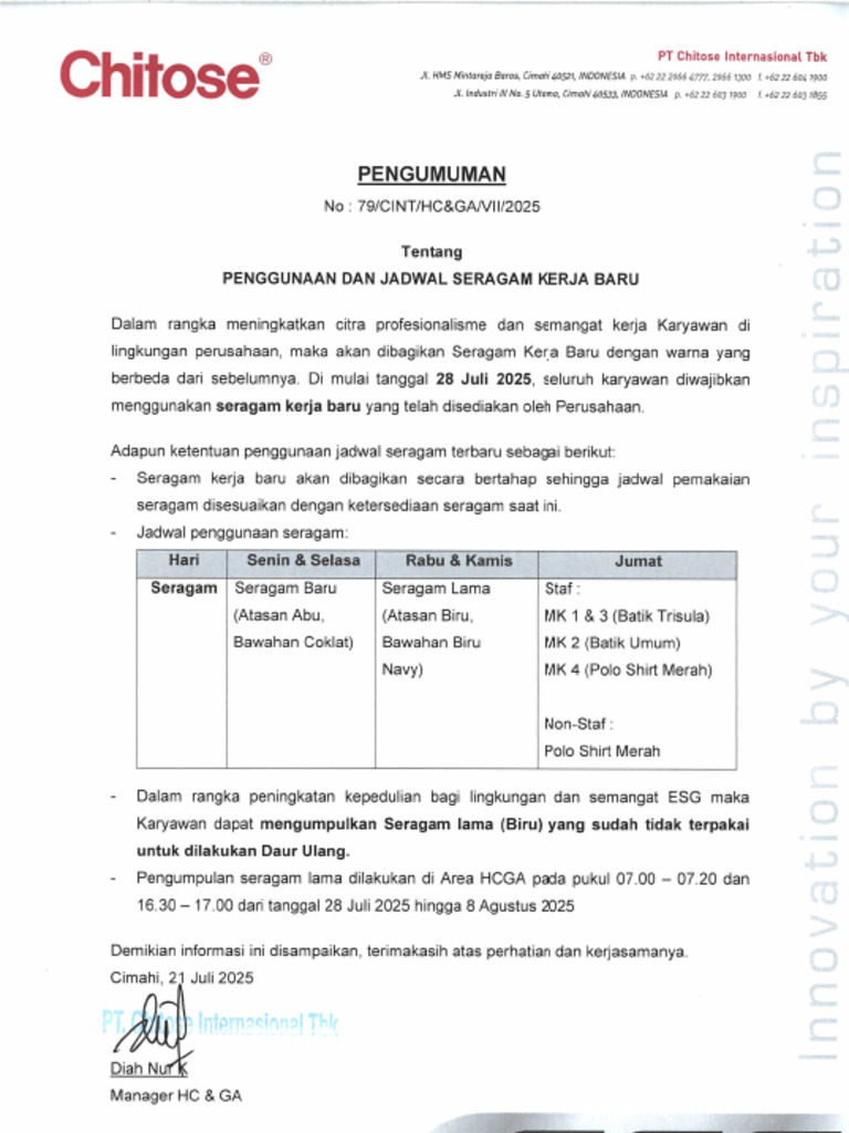 Pengumuman - Penggunaan & Jadwal Seragam Baru | PDF