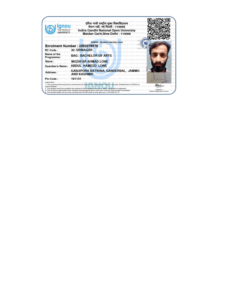 IGNOU Student Identity Card Details | PDF