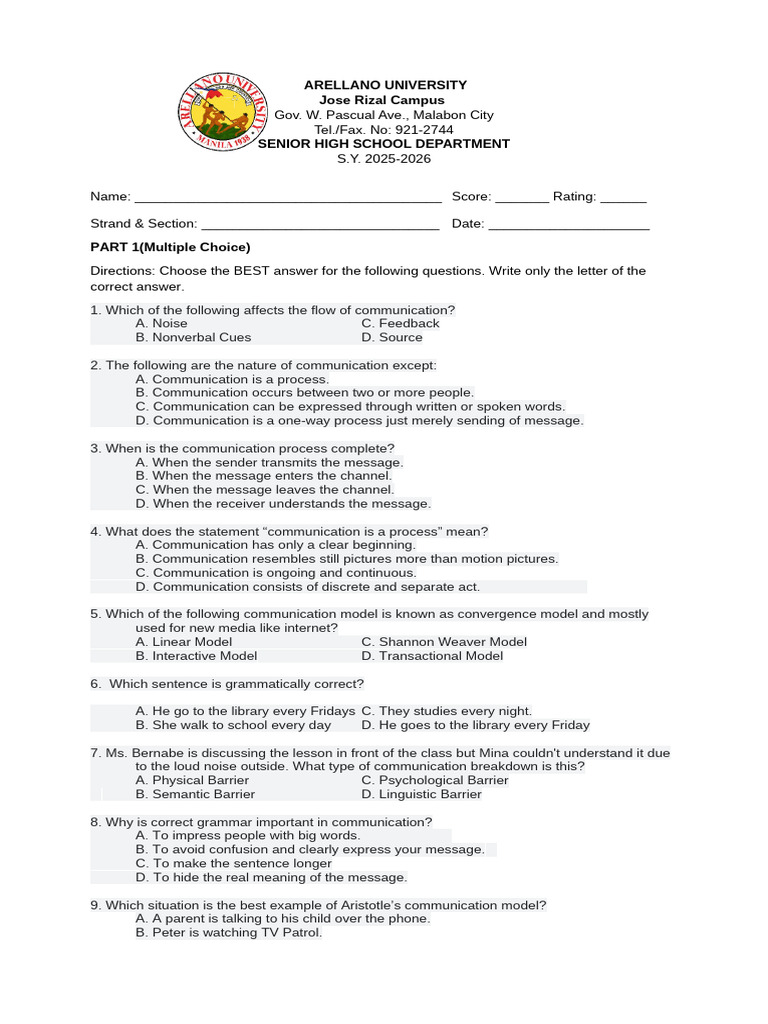 1st Quarter Preliminary Exam Oral Communication | PDF | Communication ...