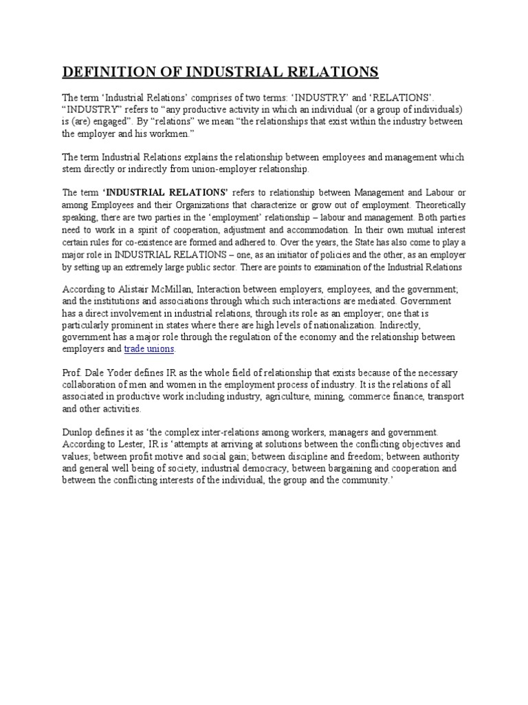 Definition of Industrial Relations: Trade Unions | PDF | Industrial ...