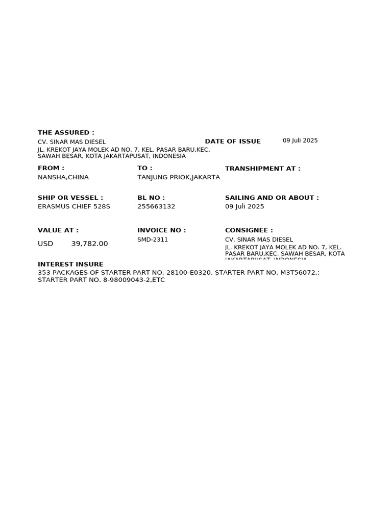 Shipping Insurance for CV. Sinar Mas Diesel | PDF