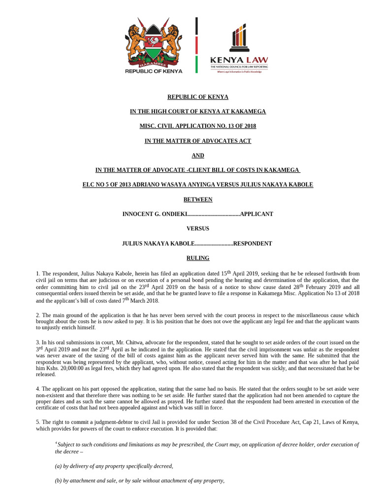 Innocent G Ondieki V Julius Nakaya Kabole 2019KEHC7647 (KLR) | PDF ...