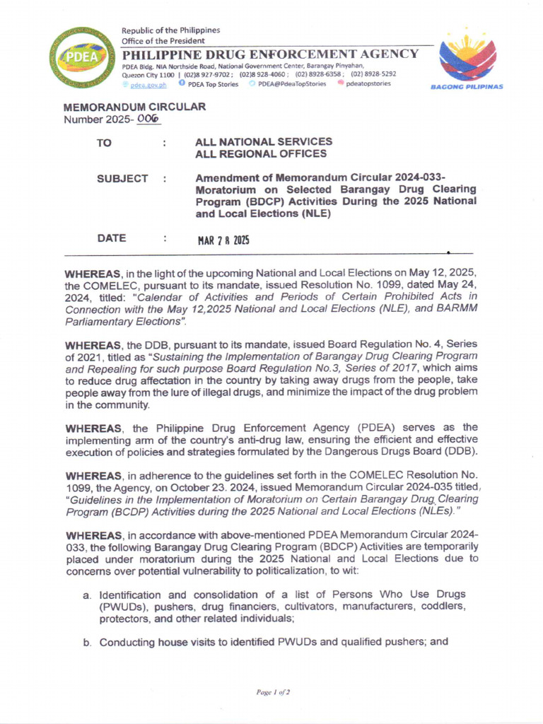 Amendment of MC 2024-033 Moratorium On Selected Barangay Drug Clearing ...