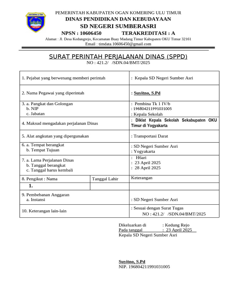 Surat Perjalanan Dinas SPPD Dan Surat Tugas SD | PDF