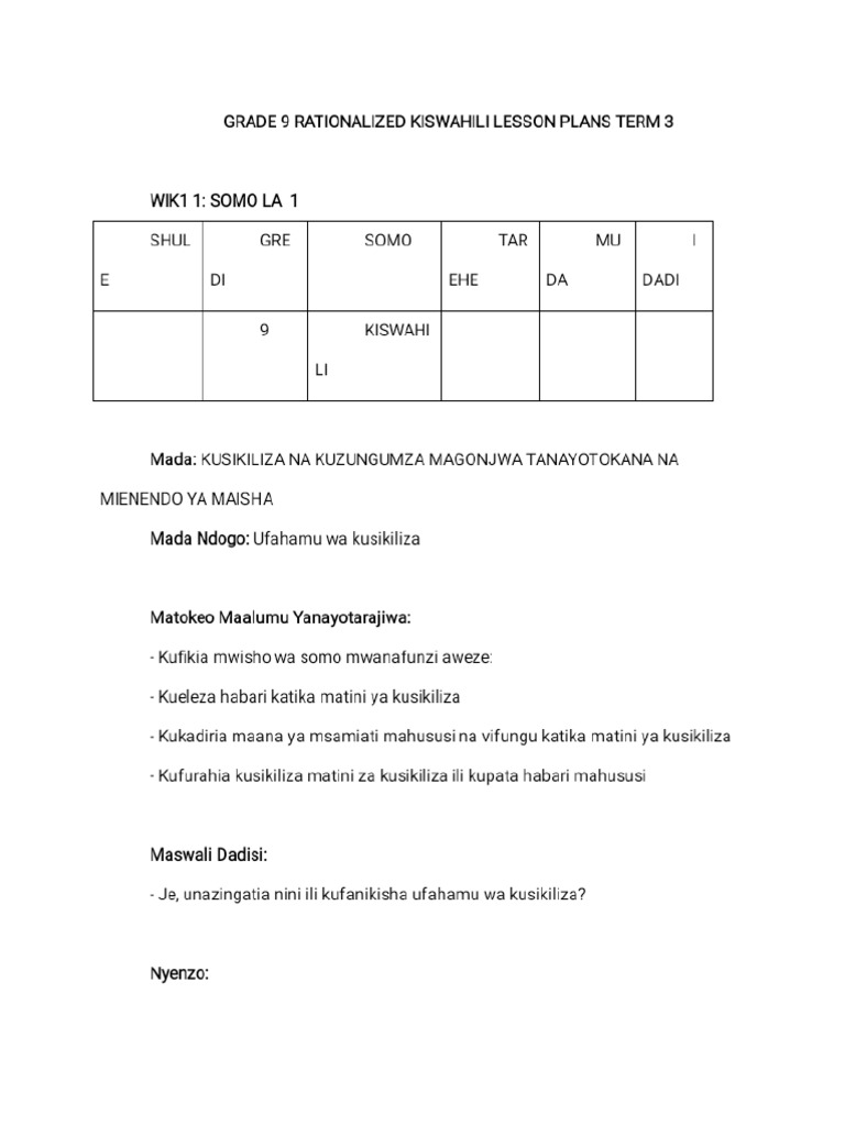 Grade 9 Rationalized Kiswahili Lesson Plan Term 3 Pdf