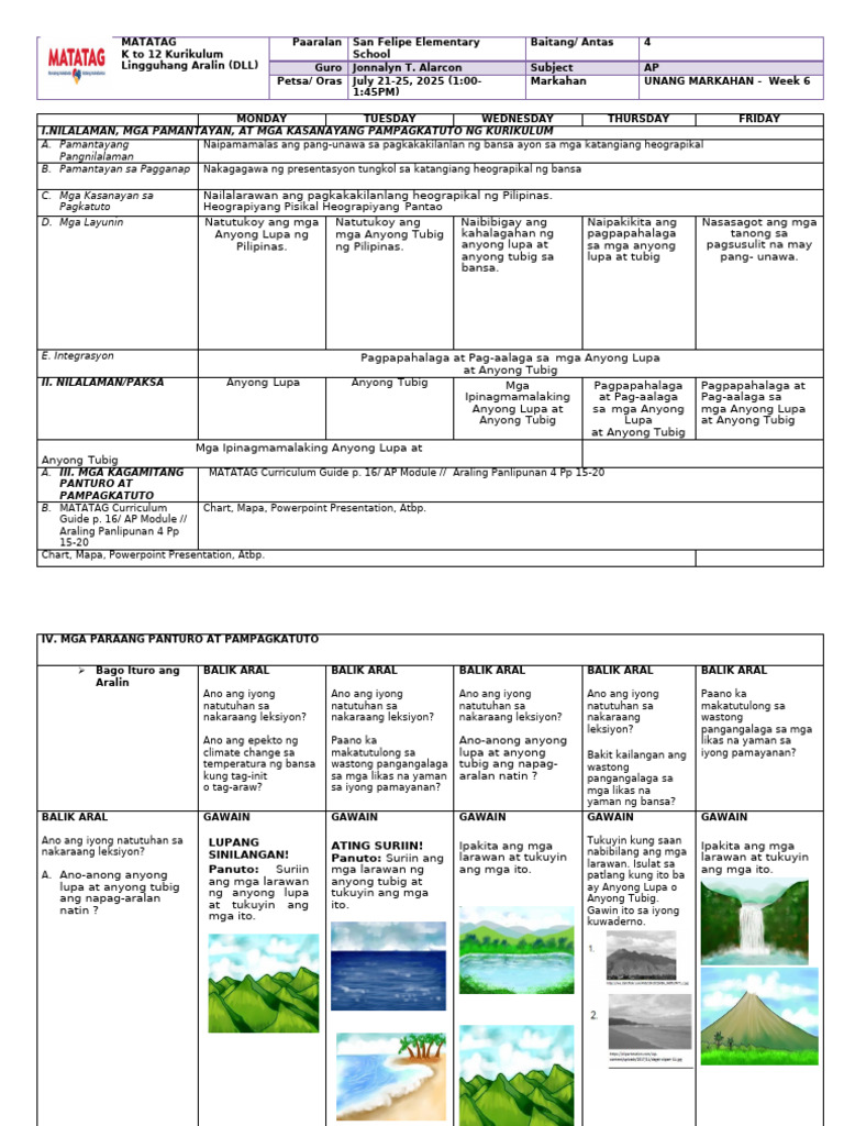 Lesson Plan Week 6-Matatag DLL Week 6 AP g4 | PDF