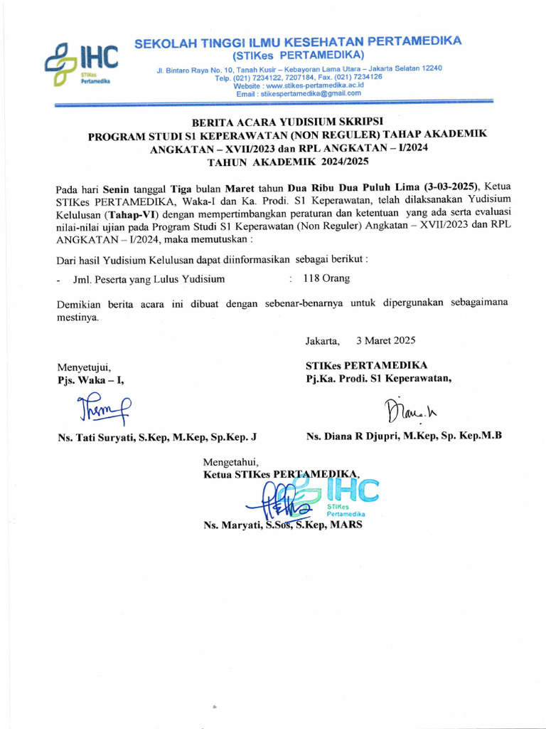 Berita Acara Yudisium Skripsi Prodi S1 Kep Non Reguler Tahap Akademik ...