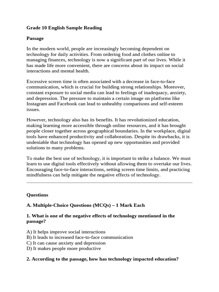 Grade 10 Technology Impact Reading Passage | PDF | Mental Health | Anxiety